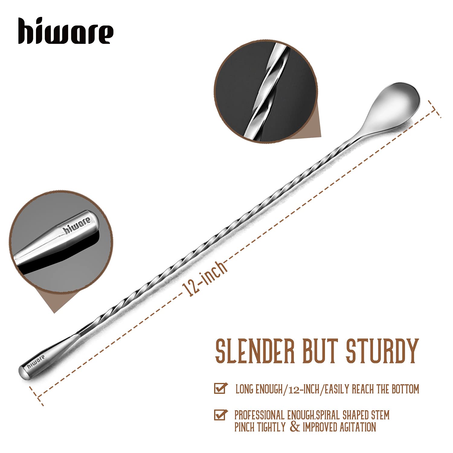 Hiware 12-Inch Bar Spoon, Set of 2, Stainless Steel Mixing Spoons, Spiral Pattern Bar Cocktail Shaker Spoon