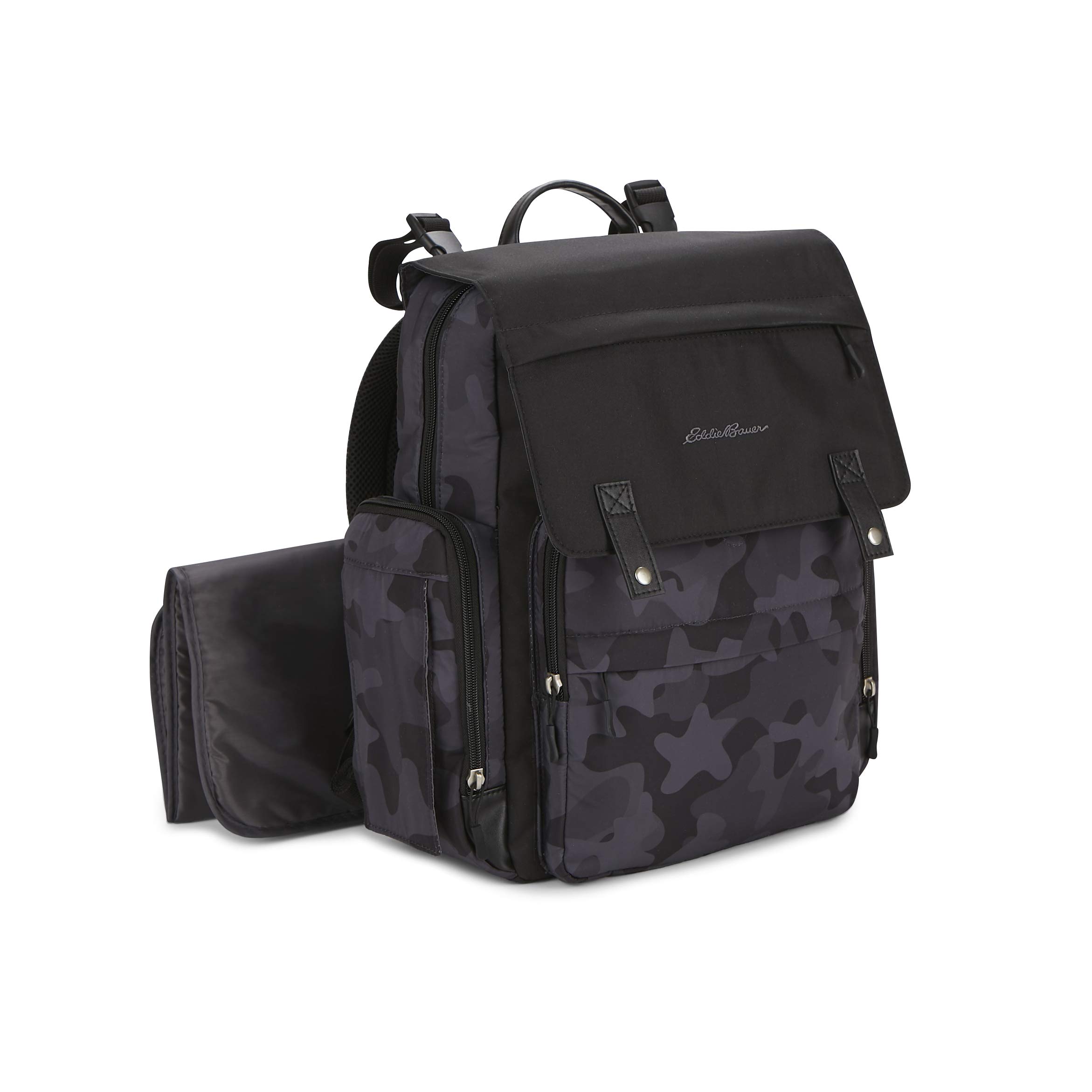 Eddie Bauer Places & Spaces Camouflage Compass Diaper Bag Backpack, Cooler Bottle Pockets and Changing Pad Included, Black and Camo