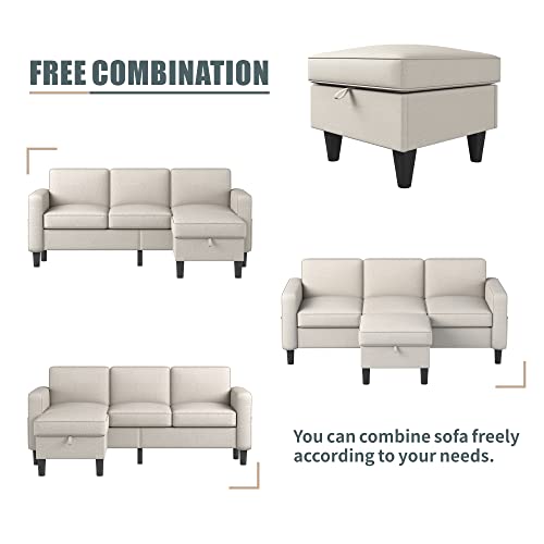 Small Sectional Sofa, Convertible L-Shaped Couch with Reversible Storage Chaise & Storage Side Pockets, 3-Seat Modular Sofa for Living Room, Apartment, Dorm, Small Space (Beige)