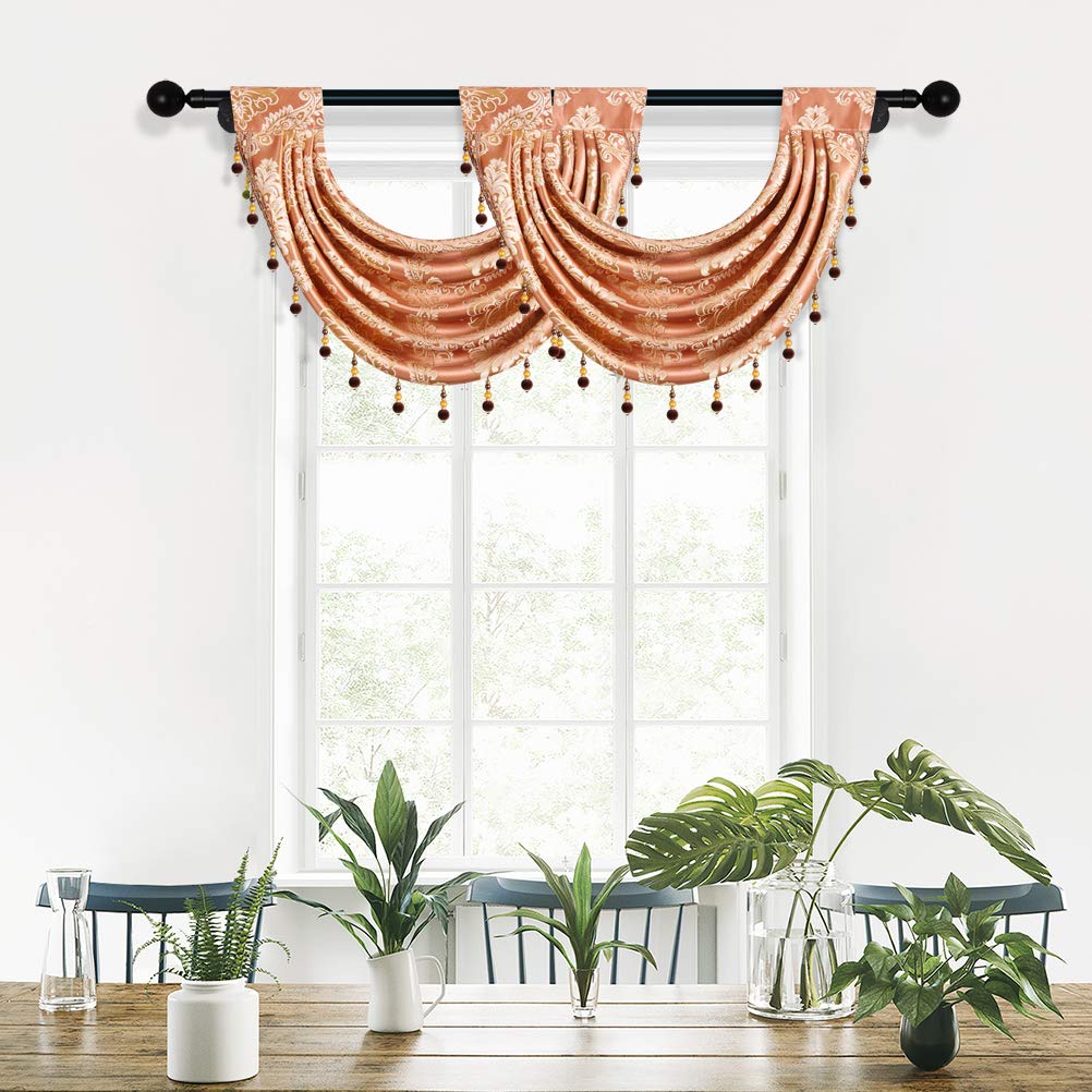 ELKCA Single Swag Waterfall Valance for Window Jacquard Damask Curtain Valance for Living Room Luxury Window Curtains for Kitchen,Pack of 1(Damask-Coffee, 30" W x 22" L)