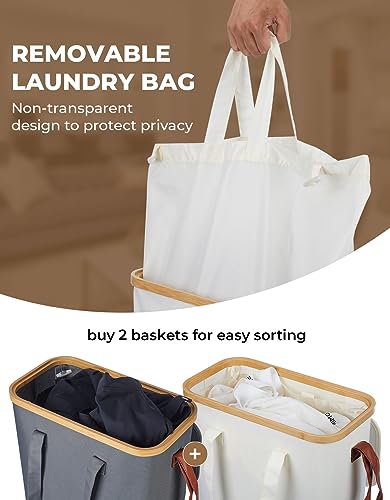 yamagahome Slim Laundry Basket with lid 52L, Collapsible Narrow Laundry Hamper with Removable Washable Laundry Bag, Thin Hamper Storage Basket Made of Bamboo and Oxford for Bedrooms, Bathroom, RV