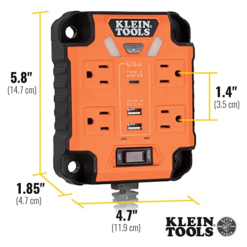 Klein Tools 29601 Magnetic Power Strip with Surge Protector, Extension Cord, 4 Outlets, 3 USB Ports, 5-Foot Cord, Power Supply Box with Light, PowerBox 1, Heavy Duty