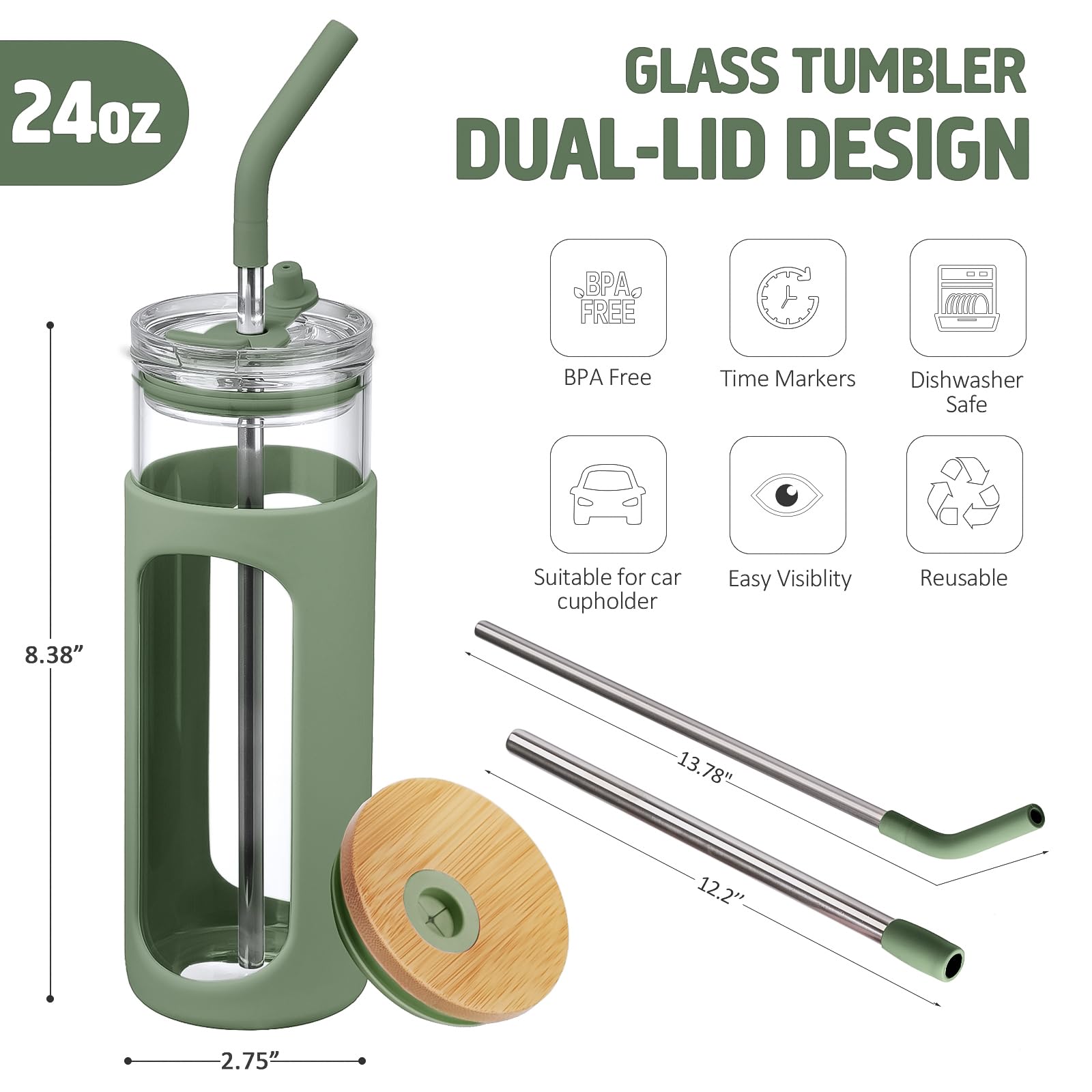 Kodrine 24oz glass tumbler with straw and lid,Iced coffee cup, Leak-proof Lid and Straw,Smoothie Cup With Bamboo Lid,Fit in Cup Holder, BPA Free, Dishwasher Safe (1, Olive)