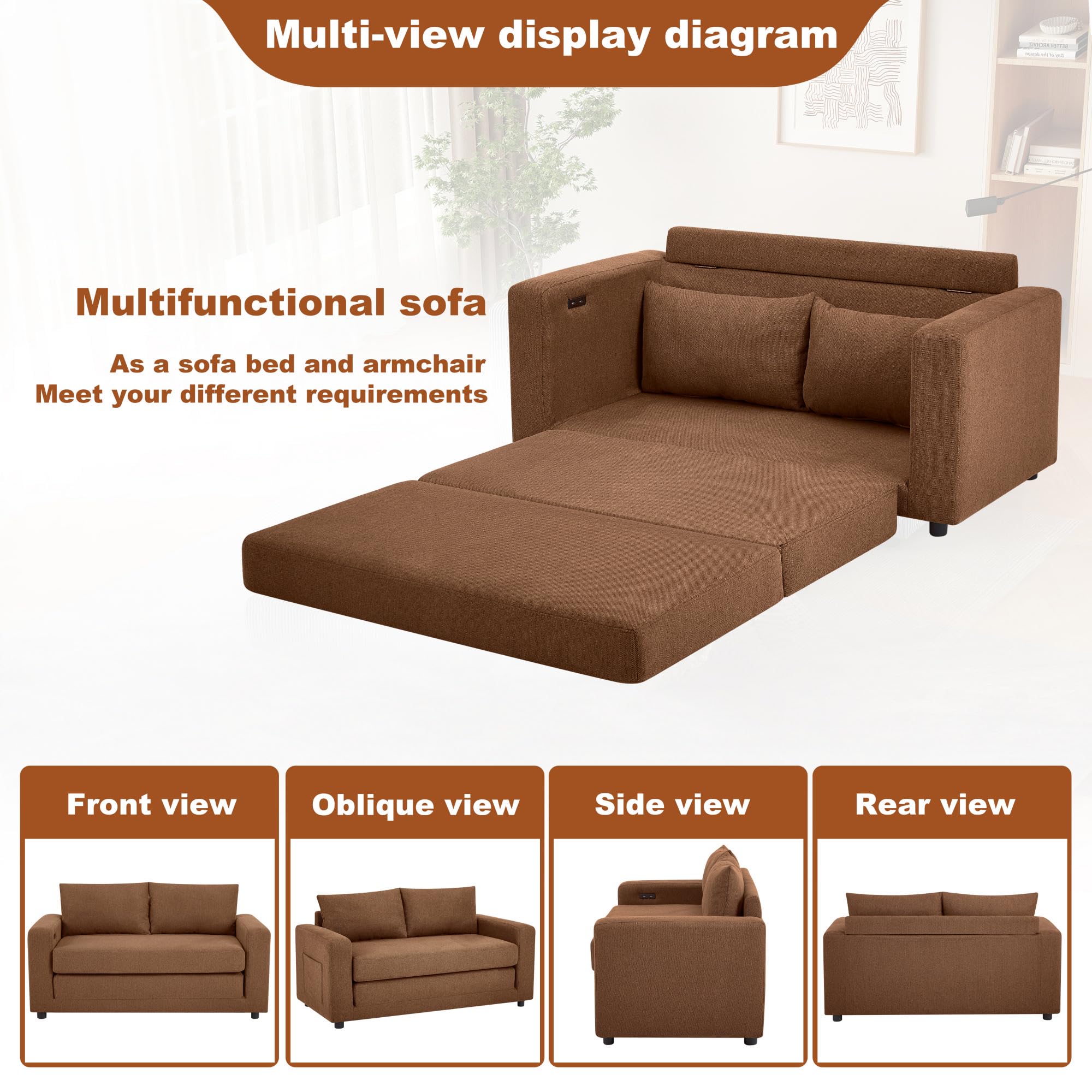 HOLYFIND Linen Folding Couch for Living Room Set Furniture, Convertible Futon Queen Sleeper Sofa Bed with Pullout -Side Pockets &2 USB Charging Ports Office Comfortable Cushions (Dark Blue)
