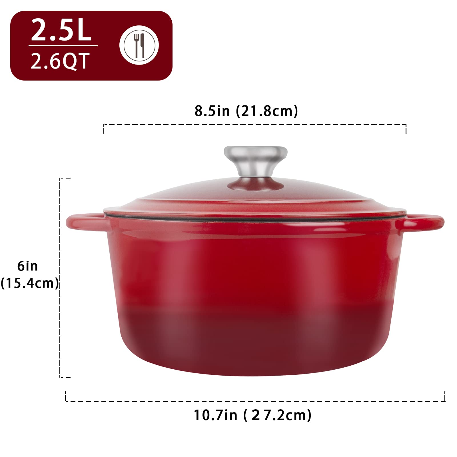 Enameled Cast Iron Dutch Oven, 2.6QT COOLCOOK Enameled Cast Iron Pot, Multifunctional Kitchen Cookware with Lid, Red