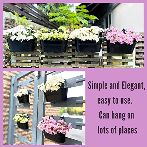 LaLaGreen Outdoor Rail Planter - 6 Pack, 11.2 Inch Black Metal Iron Hanging Flower Pots Deck Railings Fence Buckets Modern Countryside Boho Style Wall Mount Window Box Plant Holder Hooks Porch Decor