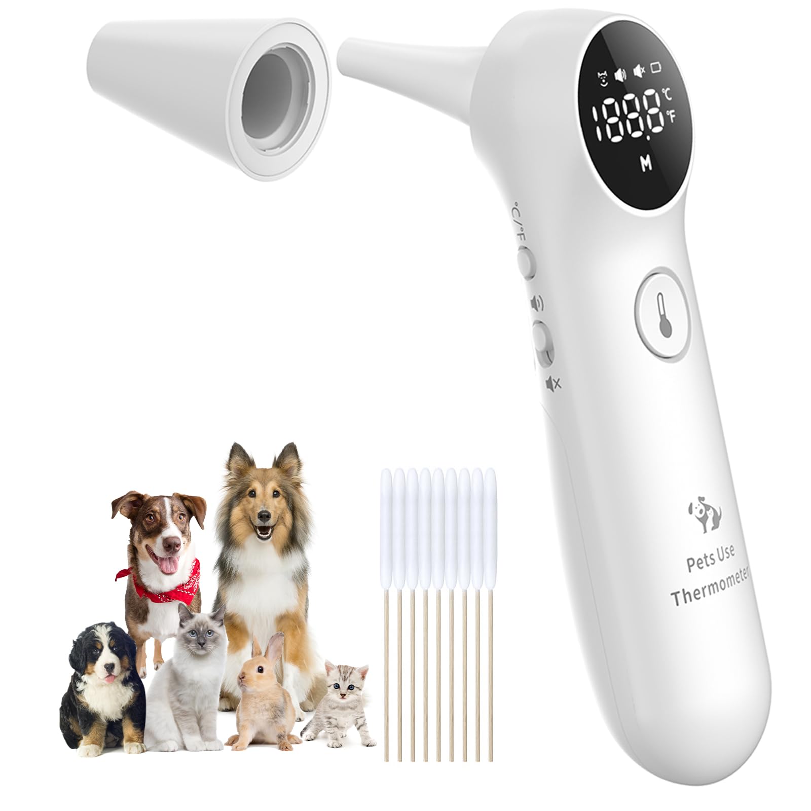 Pet Ear Thermometer for Dogs, Cats, and Livestock, Long Probe Designed, â/ â Convert and Sound Switch Dedicated Button, 1 Second Measurement, 20 pcs Pet Swabs Included