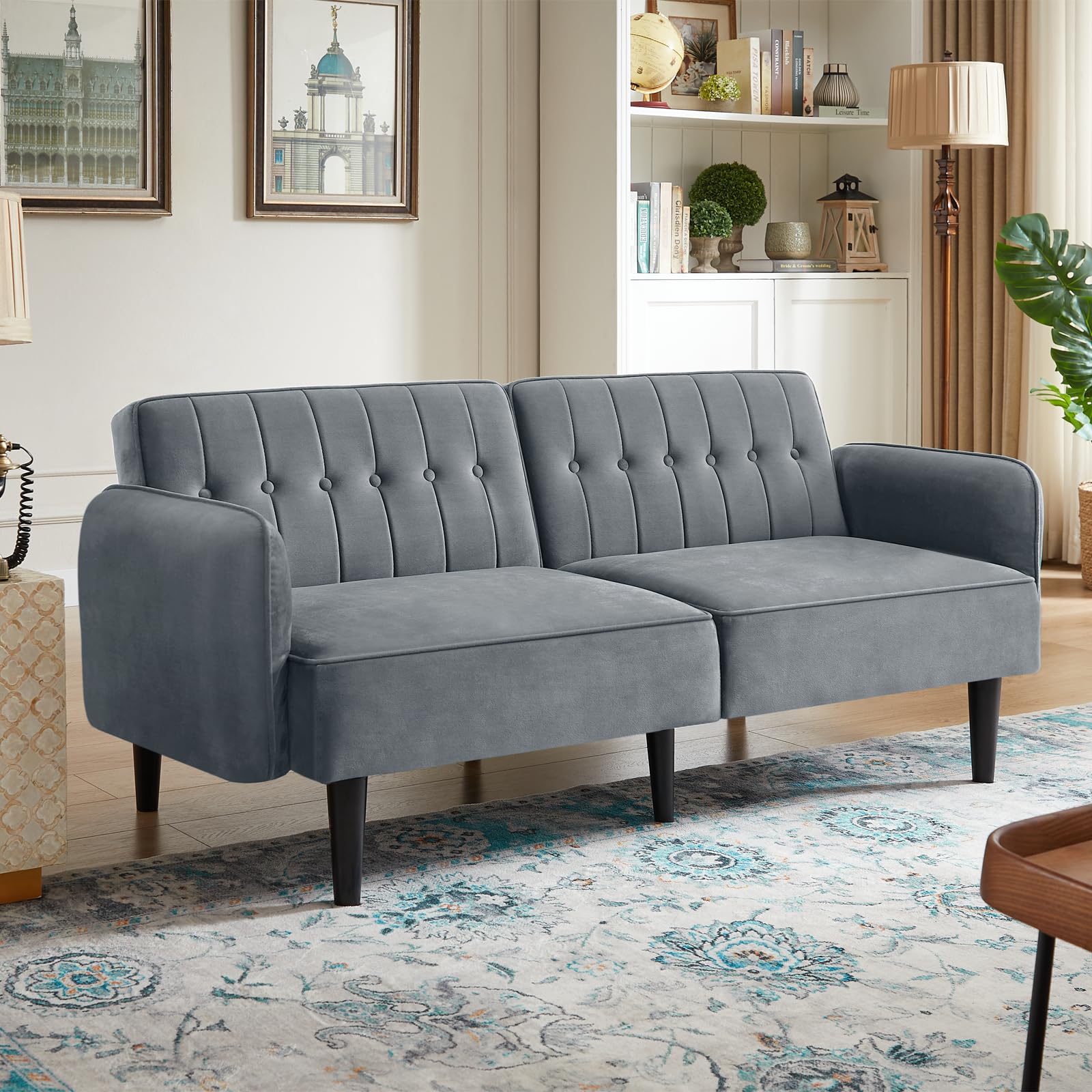 ONBRILL Loveseat Sofa Bed, Grey Couch Bed Mid-Century Modern Sleeper Sofa, Velvet Couch Convertible Futon Sofa Bed, Small Couch with Adjustable Backrest & Armrest, Love Seat Couches for Living Room