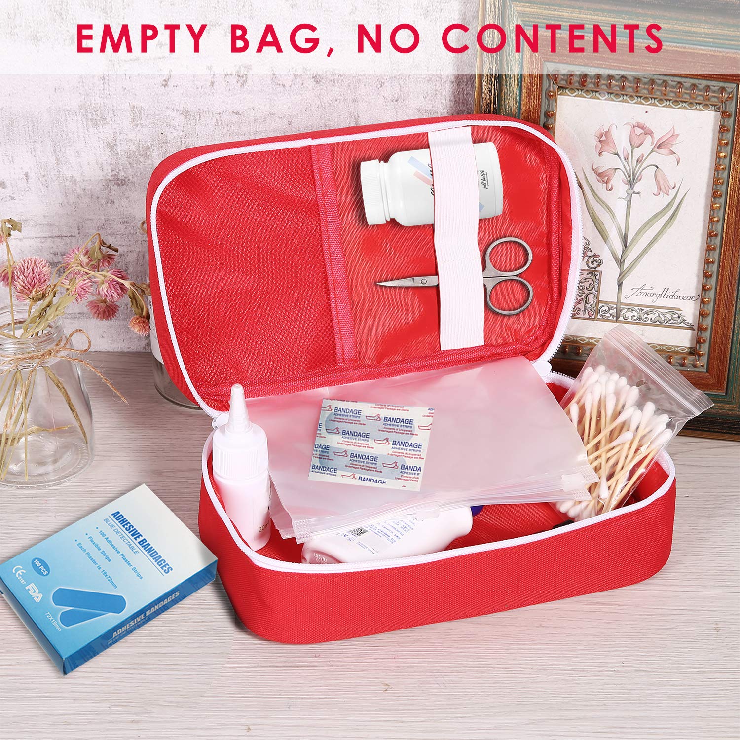 Ellsang First Aid Bags Empty, Portable Travel Medicine Bag for Camping Hiking Vehicle Motorcycle, Empty First Aid Bag for Home Emergency (Red)