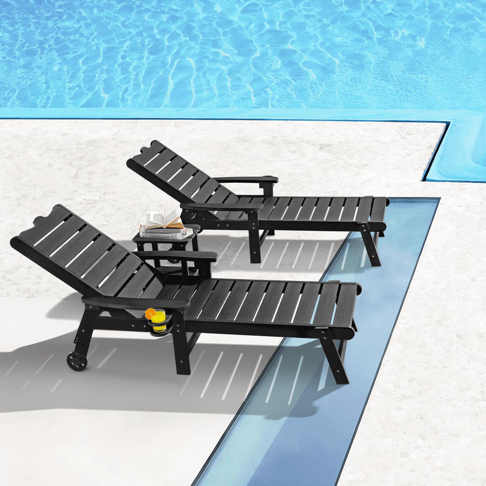 ONBRILL Patio Chaise Lounge Set of 2, Outdoor Lounge Chairs with 5-Level Adjustable Backrest, CupHolder, No Rust, No Fade, No Break, 350lbs Capacity, HDPS Material, Blue