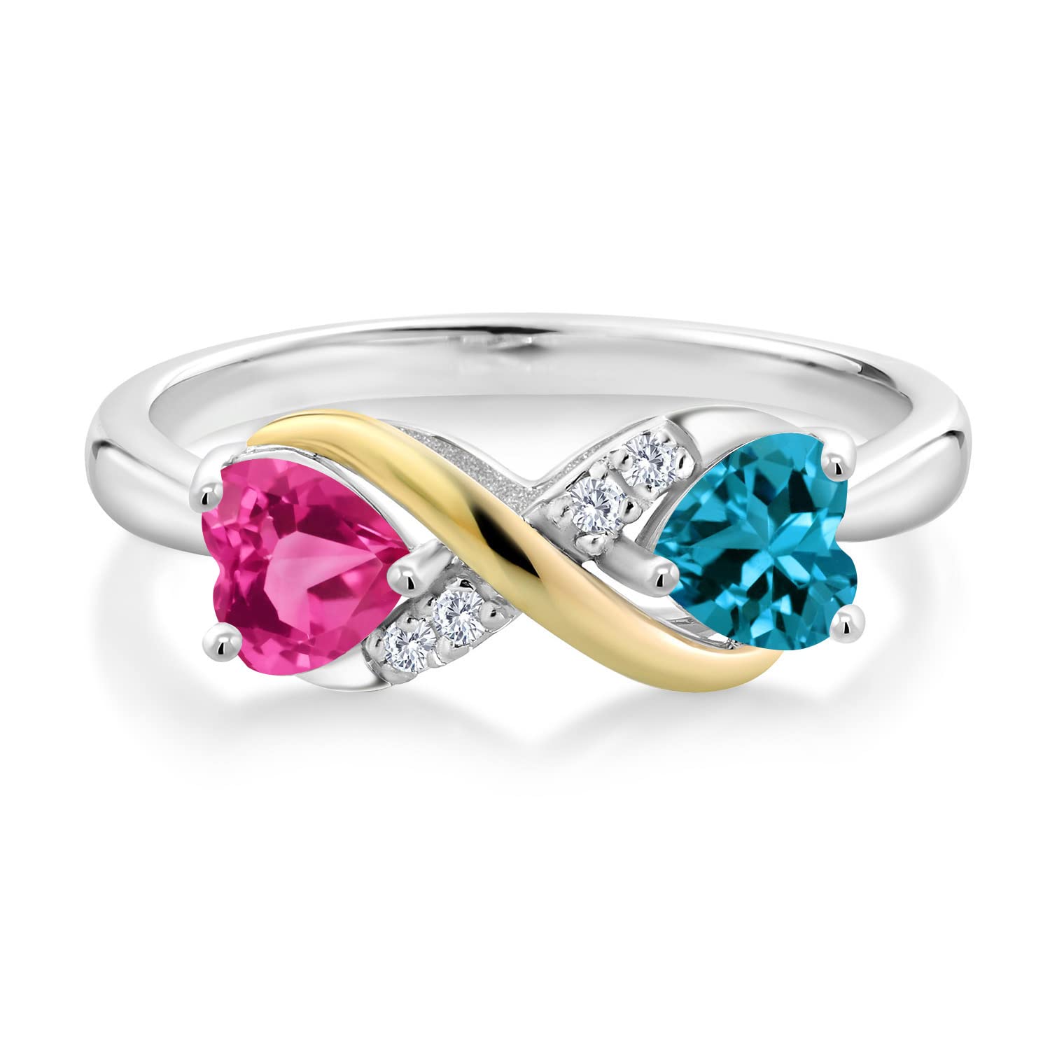 Gem Stone King 925 Sterling Silver and 10K Yellow Gold Customized and Personalized Name Engraved 2-Stone Heart Shape Gemstone Birthstone and White Lab Grown Diamonds Ring For Women (Size 9)