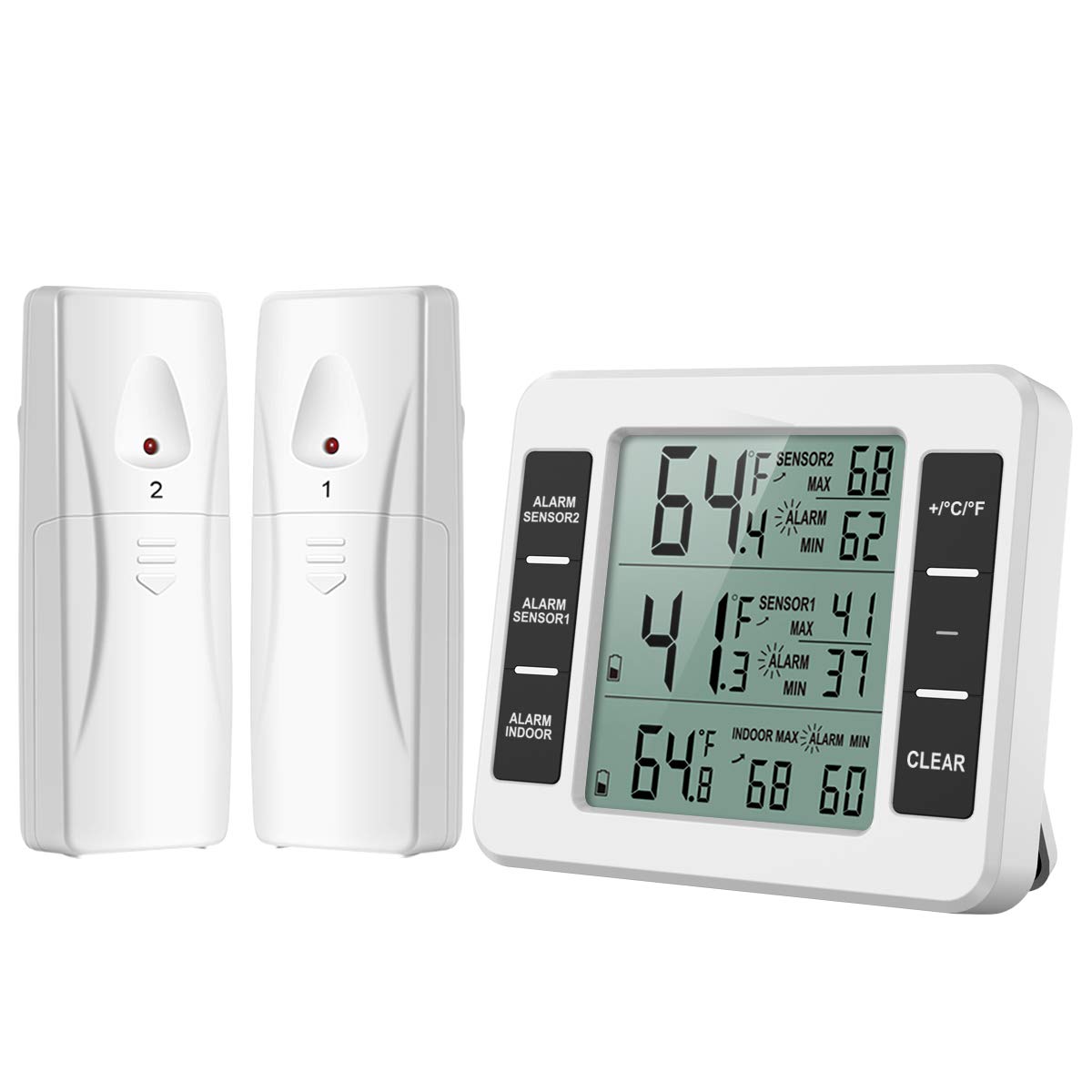 JXTZ Refrigerator Thermometer, Freezer Thermometer with Alarm, Fridge Thermometer Digital with 2 Sensors, Wireless Indoor Outdoor Thermometer with Temperature Alarm, Min/Max, Temperature Trend Display