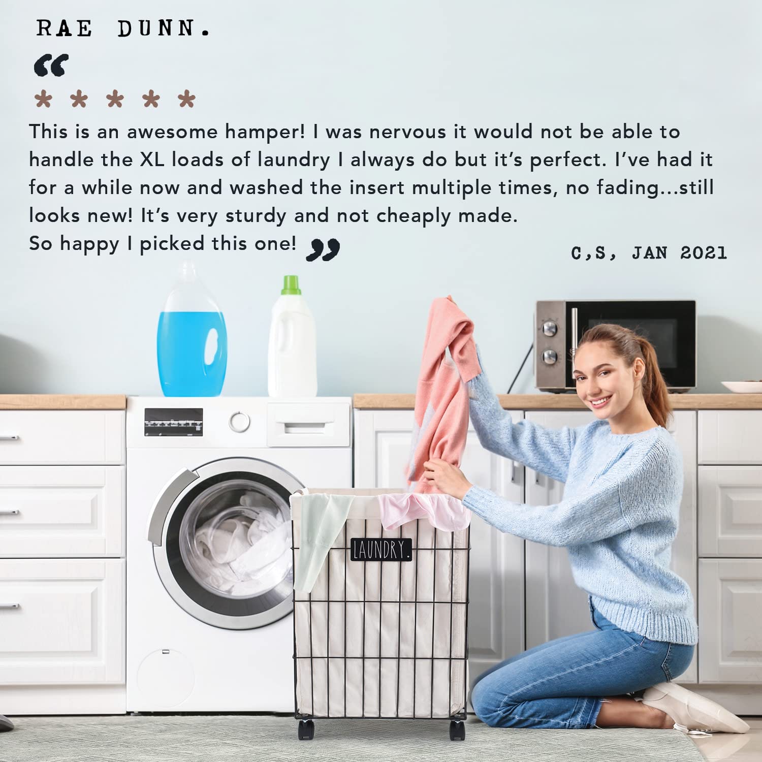 Rae Dunn Heavy Duty Laundry Hamper on Wheels - Lined Basket with Removable Cloth Liner - By Designstyles