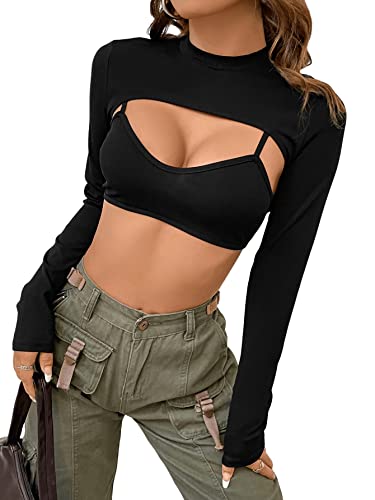 Verdusa Women's 2Pcs Mock Neck Long Sleeve Crop Top Spaghetti Straps Scoop Neck Sleeveless Cami Top Black L