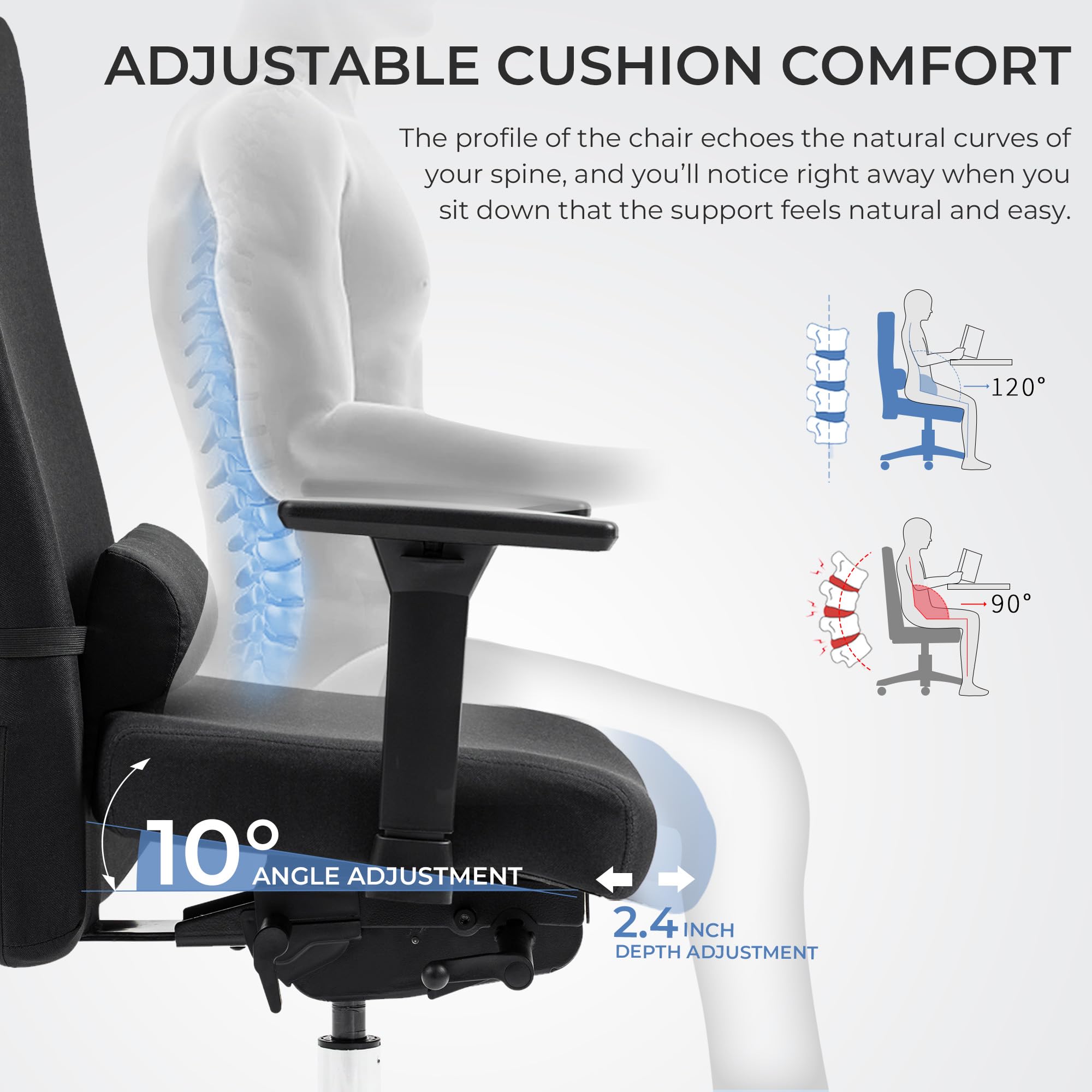 Dowinx Ergonomic Office Chair with Adjustable Seat Depth, Reclining Desk Chair with Lumbar Support, Fabric Computer Chair with 3D Armrest for Adults 350Lbs, Task Chair for Home Work, Executive Black