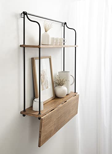 Kate and Laurel Walters Modern Farmhouse Wood and Metal Floating Desk with Folding Drop-Leaf Design, 31x30x14, Rustic Brown/Black