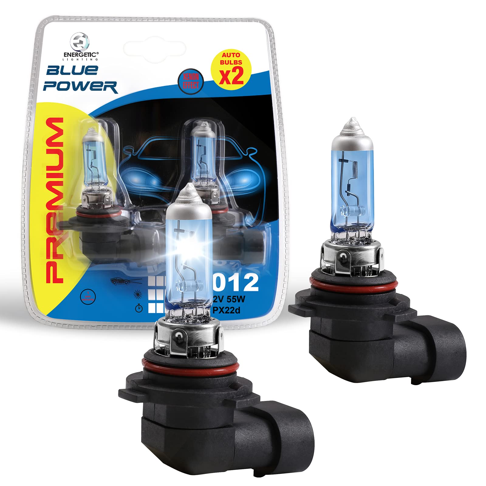 Energetic 9012 HIR2 Halogen Headlight Bulb with 5000K Super White Light Fog Lights, PX22D 12V/60W 2000 Lumens 1200 Hours, IP67, 2 Pack, 2Yr Warranty