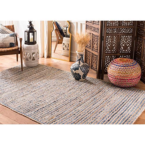 SAFAVIEH Cape Cod Collection Area Rug - 4' x 6' Oval, Natural & Blue, Handmade Flat Weave Jute, Ideal for High Traffic Areas in Living Room, Bedroom (CAP250A)