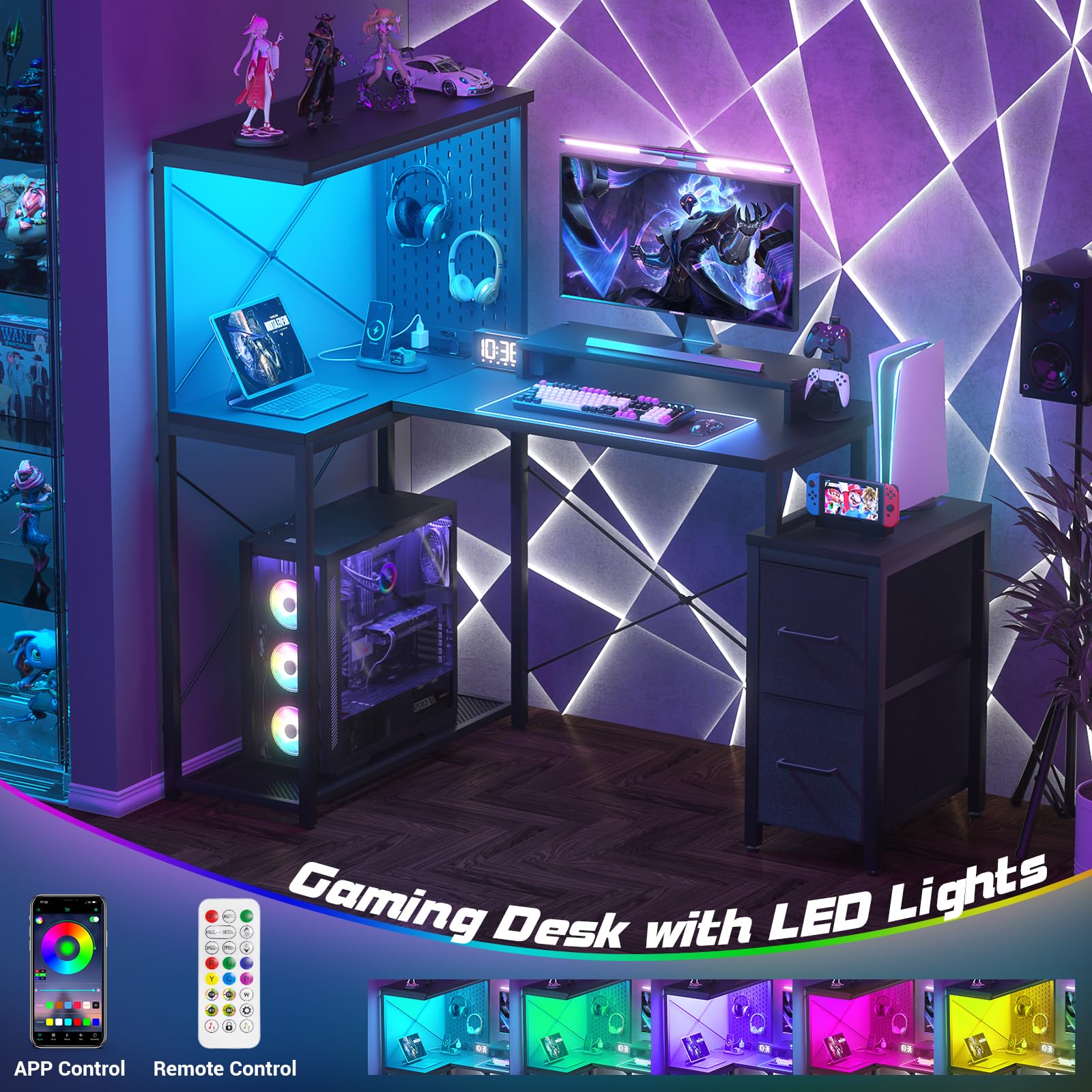 L Shaped Gaming Desk with 2 Fabric Drawers - Reversible Computer Desk with Power Outlet & LED Lights, 48" Corner Desk with Monitor Stand & Storage Shelves, Office Study Table with Pegboard, Pink