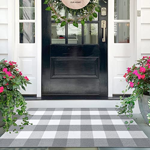 IOHOUZE Buffalo Plaid Checkered Rug -27.5" X 43" Front Door Mats, Washable Rug for Front Porch Decor, Spring Summer Welcome Mats Outdoor, Gray White Rug for Farmhouse/Entryway/Home Entrance