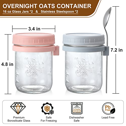 LANDNEOO 2 Pack Overnight Oats Containers with Lids and Spoons, 16 oz Glass Mason Jars for Overnight Oats, Large Capacity Airtight Jars for Milk, Cereal, Fruit (Pink+Grey)