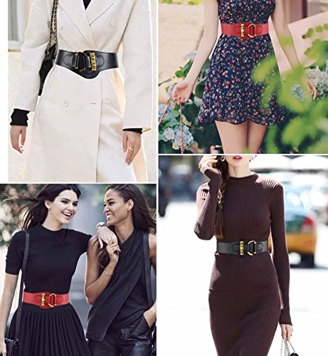 Toptim Womens Elastic Waist Belt Vintage Leather Wide Waistband (Waist 25-35", Black)