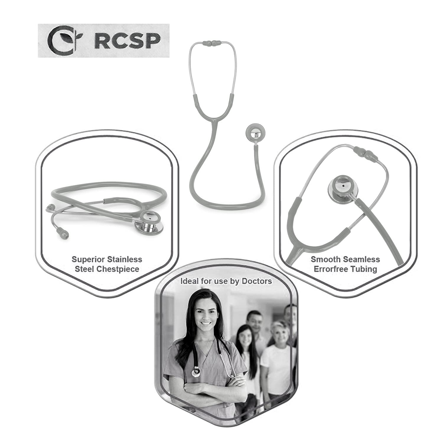 RCSP Micro Adjustable Stethoscope For Doctors And Medical Student, Adult | Light weight Chest Piece with Flexible Single head Stainless Steel (GREY)