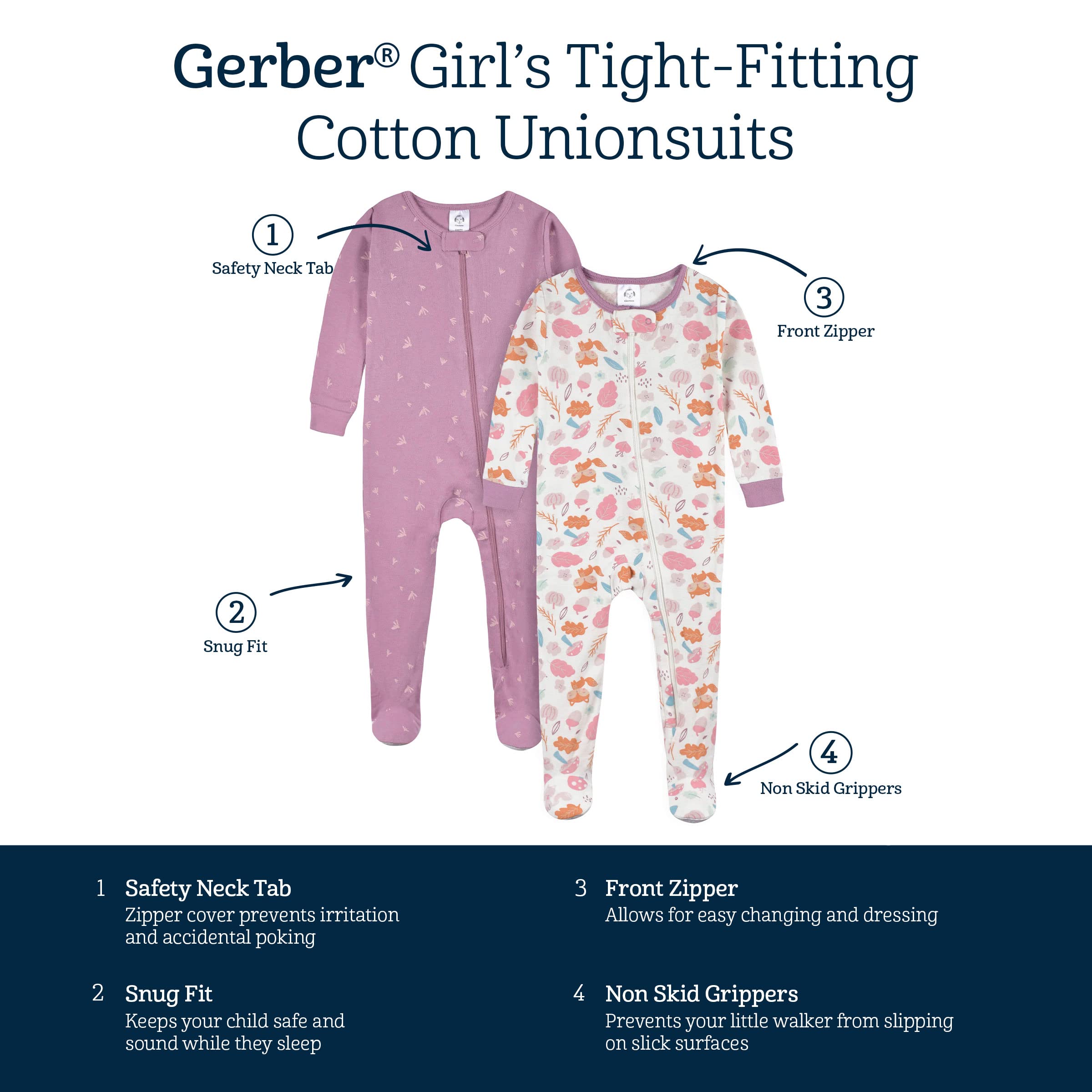 Gerber Baby Girl's 4-Pack Footed Pajamas, Apple and Woodland Floral, 2T