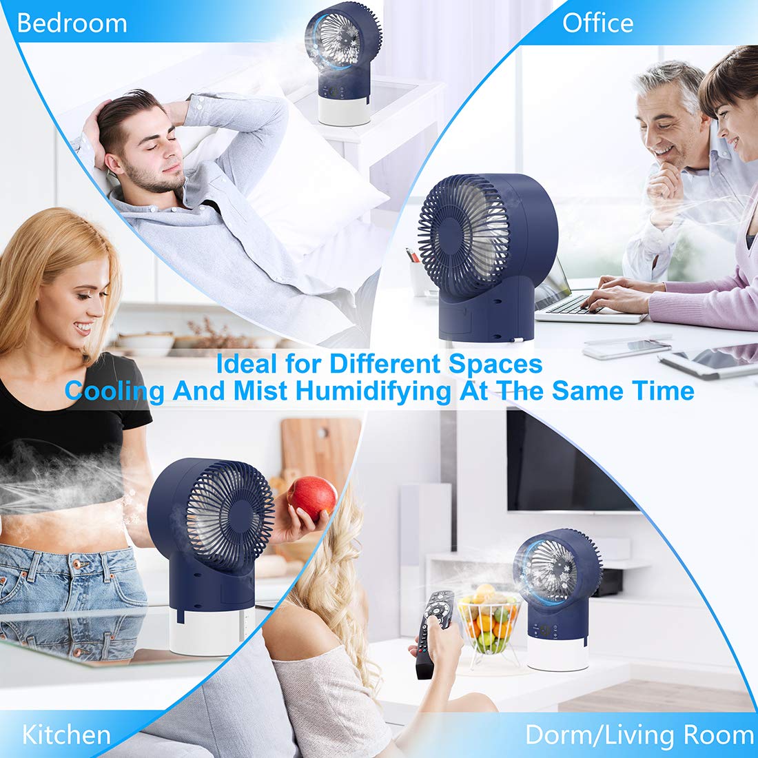 EEIEER Air Conditioner Cool Mist Humidifier Fan, 4 in 1 Timing Night Light Quiet Circulation Small Table Fans Personal Adjustable Misting Evaporative Air Cooler for Home Bedroom Office (Blue)