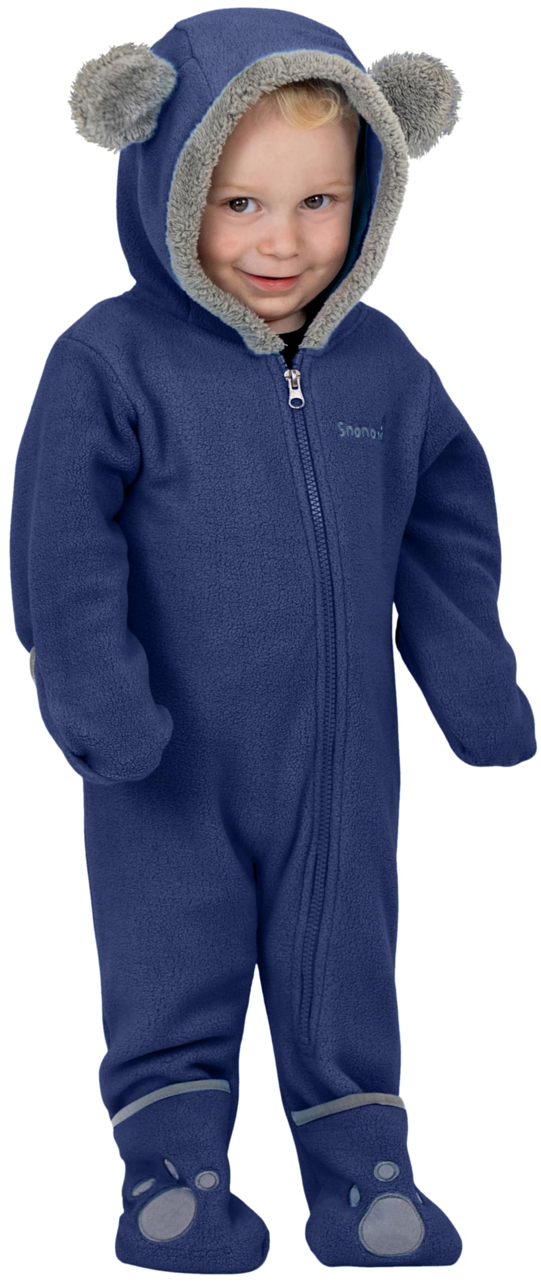 Snonook Fleece Baby Jacket - Winter Suit Bunting Bodysuit with Fold Over Mittens & Footies, Hooded & Zipper Down, Soft Cozy Warm Jumpsuit for Infants, Midnight Navy, 12/18 months