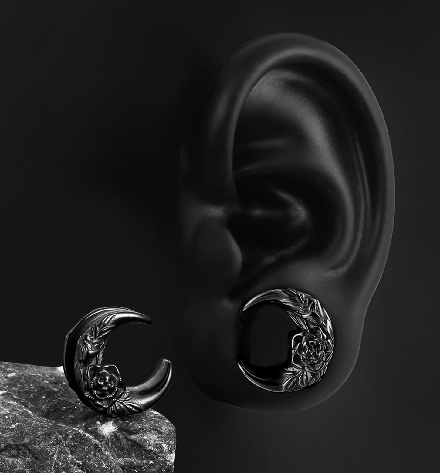 Earblity 2PCS Crescent Moon Saddle Plugs 316 Stainless Steel Ear Gauges Hypoallergenic ear gauges expander Piercing Body Jewelry (10MM, Black)
