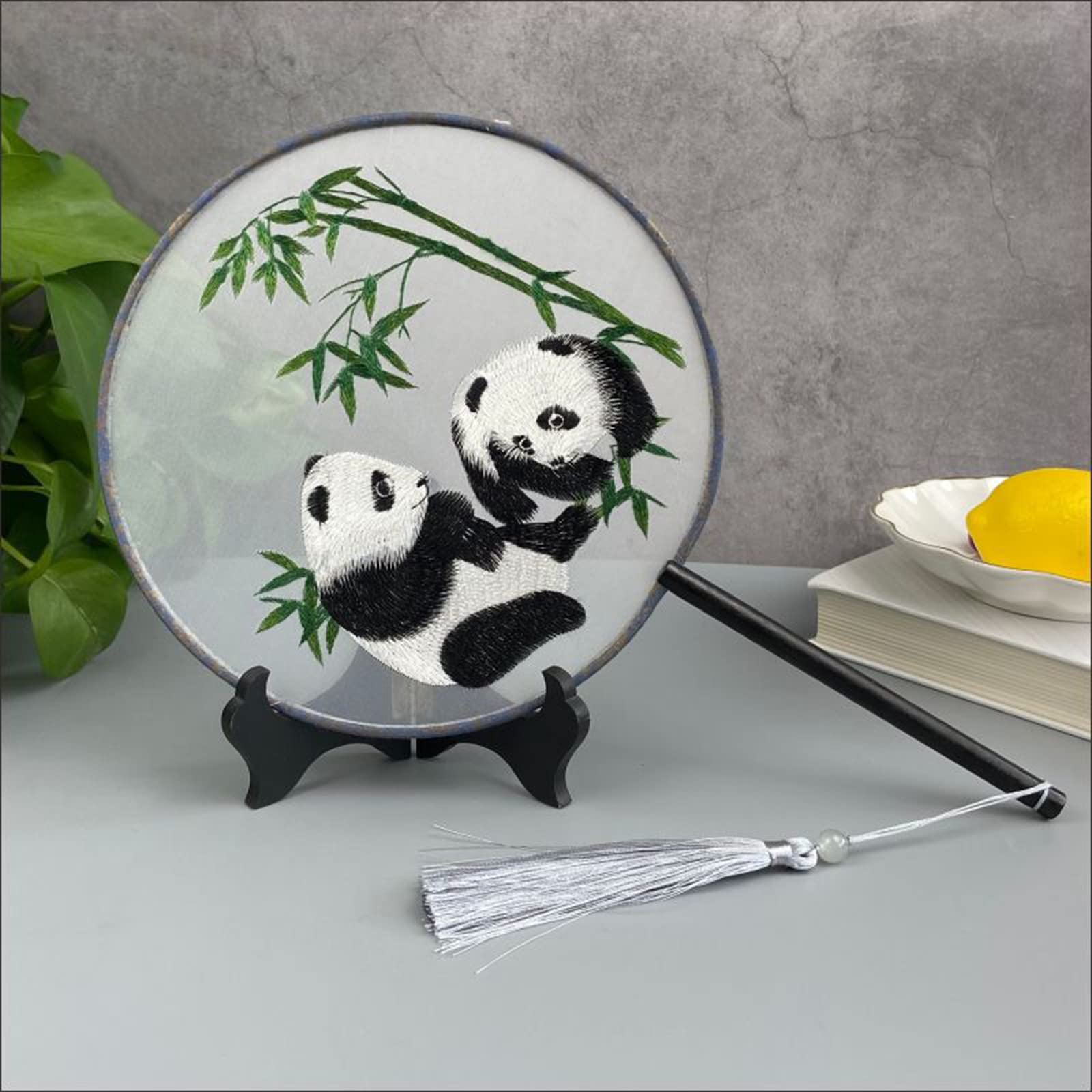 ERTUO Embroidered Long Handle Hand Fan Panda Embroidered Round Fan Semi-Transparent Retro Hanfu Dance Cheongsam Chinese Style Classical Fan