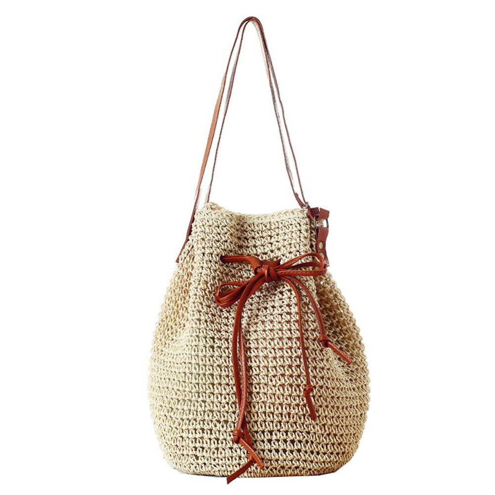 Donalworld Women Bucket Bag Drawstring Hobo Crochet Straw Shoulder Bag L Beige