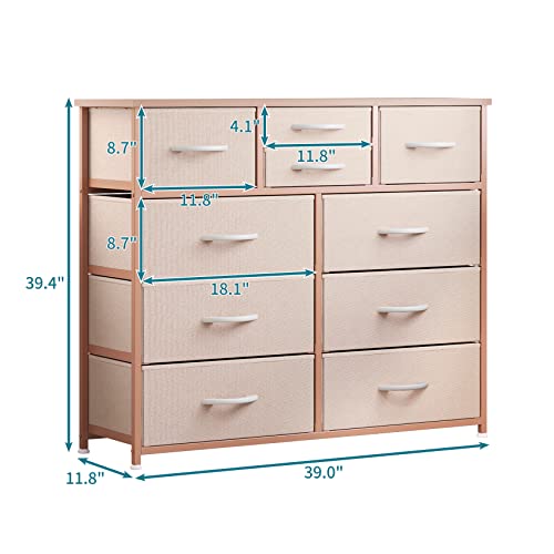 LUMTOK 10-Drawer Dresser, Fabric Storage Dressers Drawers for Bedroom, Hallway, Nursery, Closets, Steel Frame, Wood Top, Easy Pull Handle (Rose Gold)