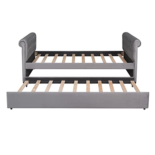 LCH Twin Size Daybed, Upholstered Daybed with Trundle, Wood Daybed Twin Size, Sofa Bed for Bedroom,Livingroom, Wood Slat Support Day Bed Frame,Easy Assembly,No Box Spring Needed,Grey