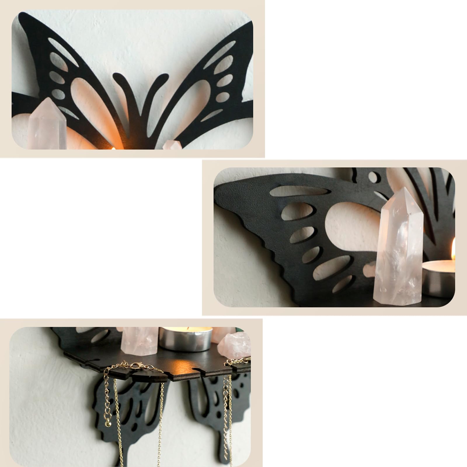 HWOLPEMS Crystal Shelf Display, Wooden Butterfly Crystal Holder Shelve, Boho Wall Display Shelf, Stones, Candle, Necklace Hanging Holder, Interior Wall Decor Shelf