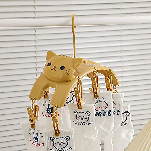 JHTPSLR Kawaii Stretching Cat Drying Rack for Socks Bras Panties Towel Underwear 10 Clips Clothes Hanger Cute Small Indoor Hanging Drying Rack for Kids Baby Nursery Room Decor (Yellow)
