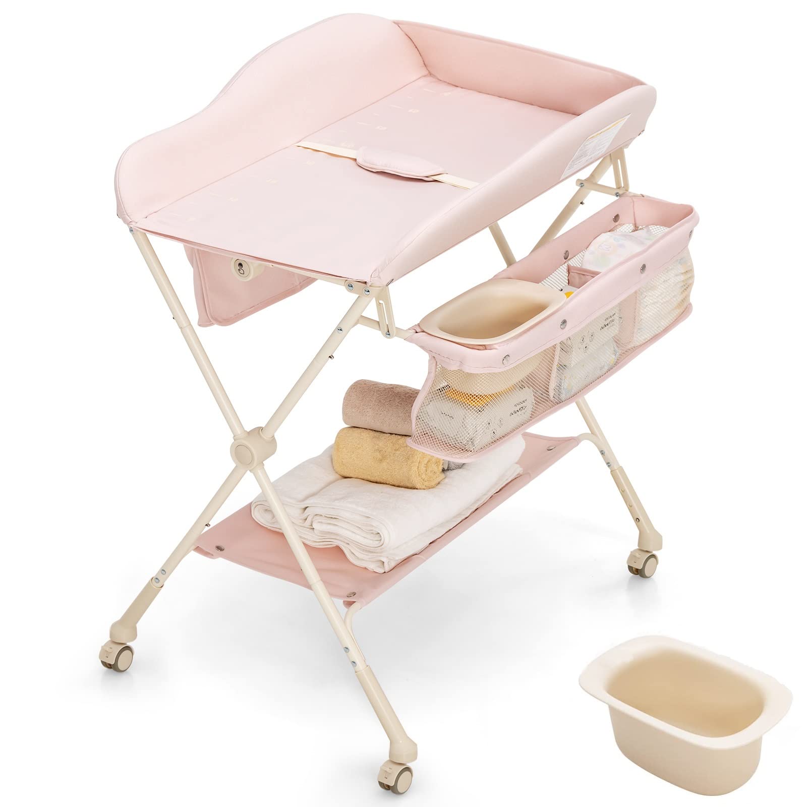 INFANS Portable Baby Changing Table, Folding Diaper Dresser Station with Wheels, Adjustable Height, Safety Belt, Drying and Storage Rack, Mobile Nursery Organizer Stand for Newborn Infant (Pink)