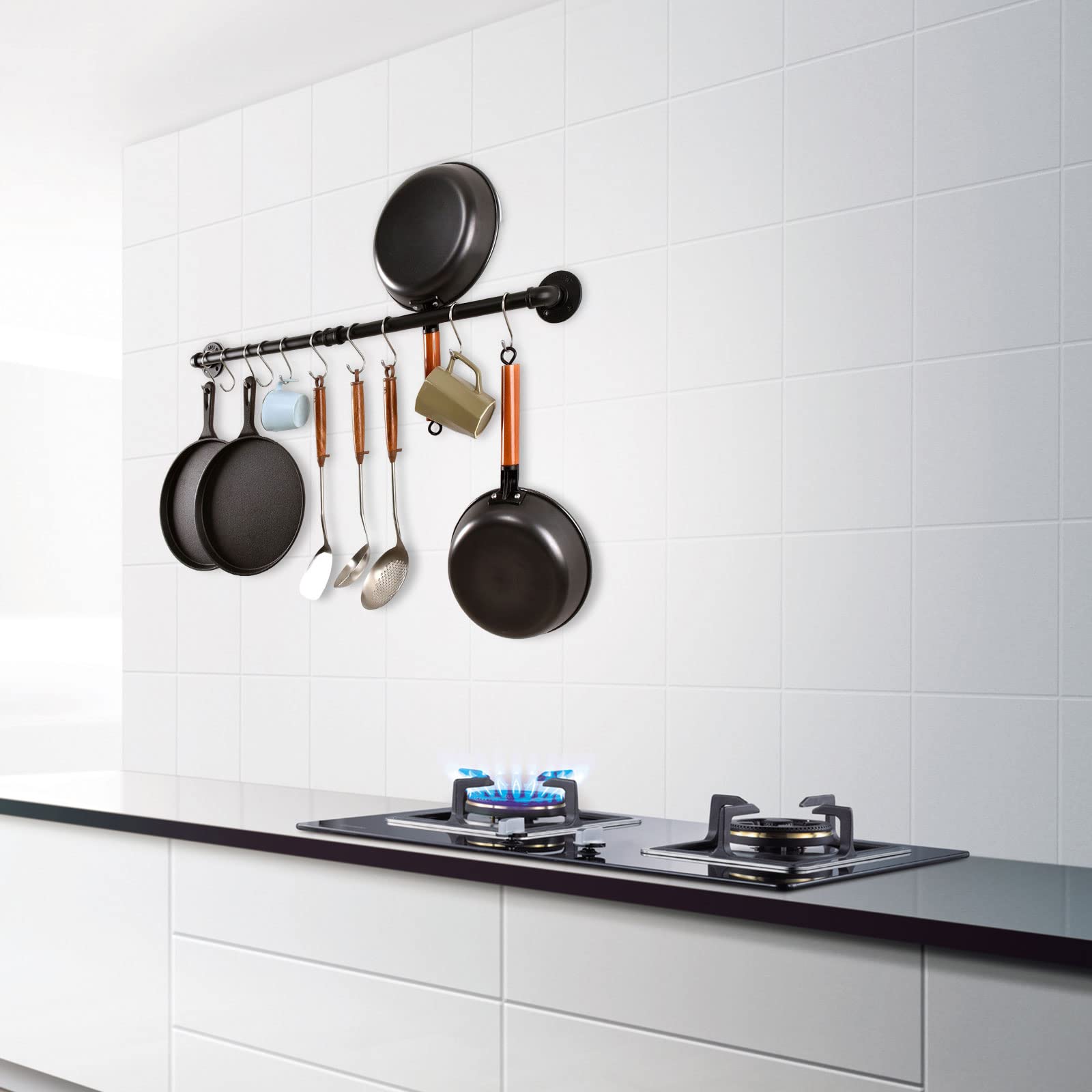 HOEMLIM Pipe Pot Pan Rack Wall Mounted Industrial Utensil Lid Holder Cookware Hanger Kitchen Organizer Hanging Bar Rail with S Hooks(36 inch,Black)