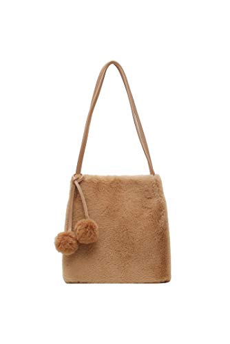 Ulisty Women Autumn Winter Small Faux Fur Shoulder Bag Fluffy Bucket Bag Plush Handbag khaki