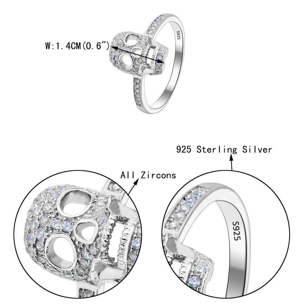 EVER FAITH Women's 925 Sterling Silver Zircon Gothic Skull Statement Party Ring Clear - Size 7
