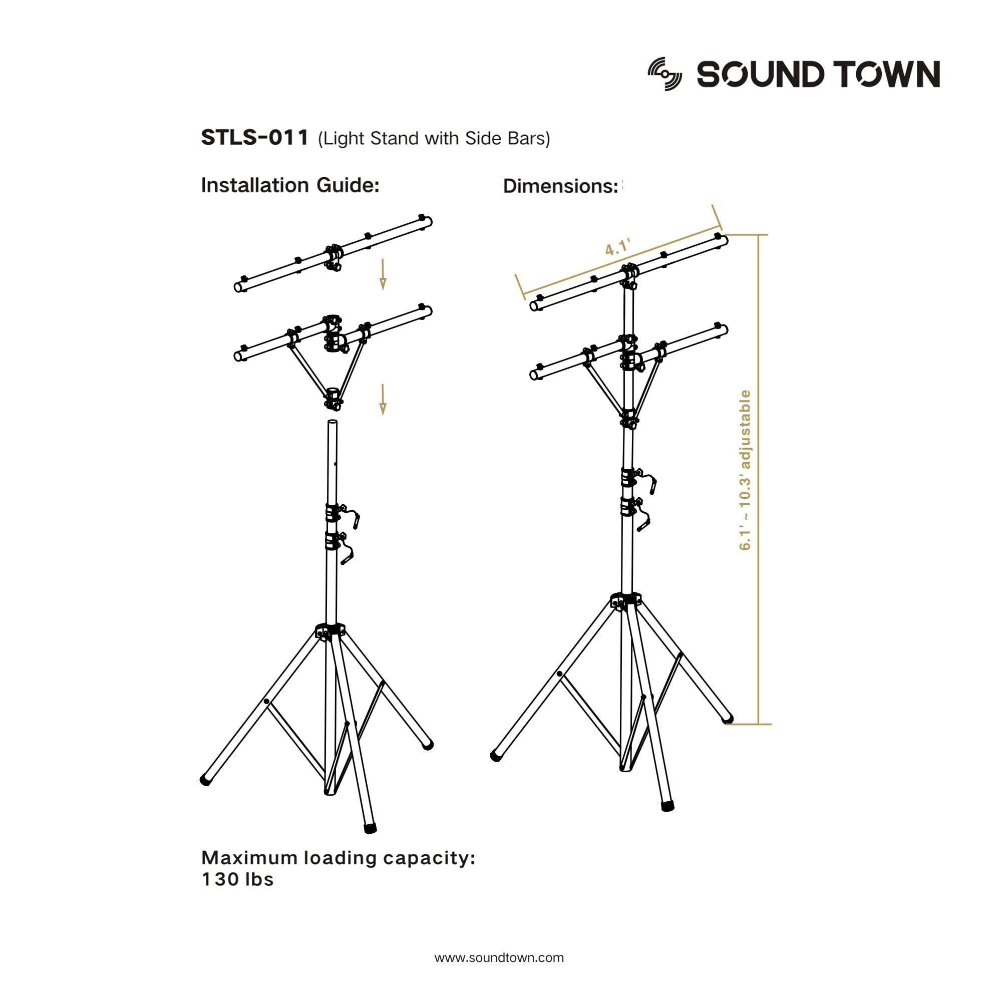 Sound Town DJ Lighting Stand-Adjustable Height, 10.3 ft Tall with Side Bars and Tripod Base (STLS-011)