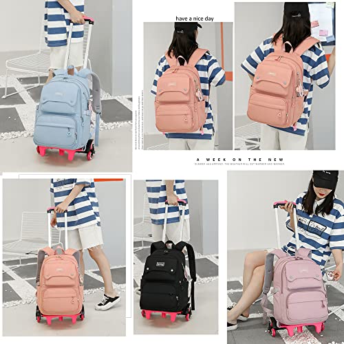 LANSHIYA Solid Color Girls Rolling Backpack with Wheels Schoolbag Elementary School Student Trolley Daypack