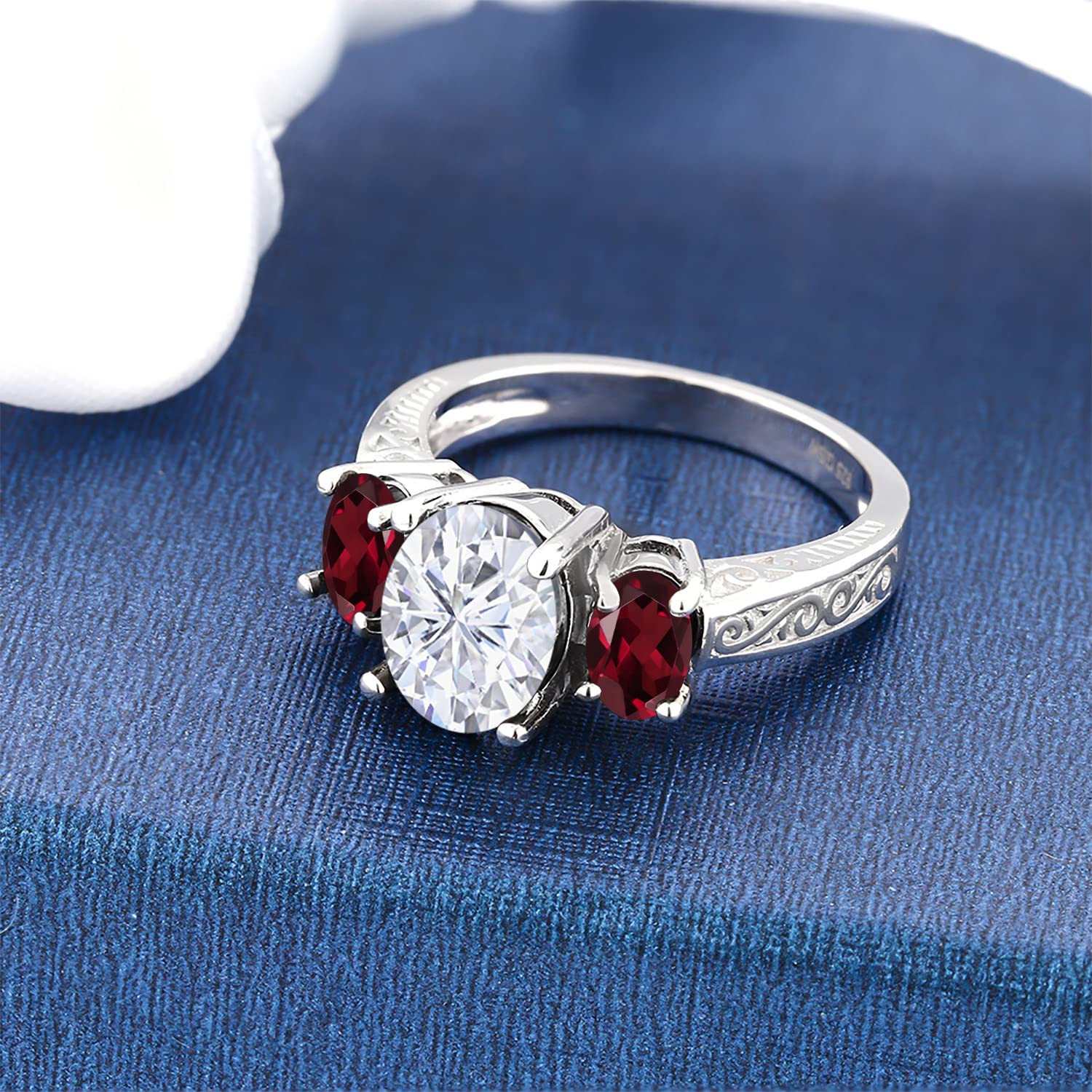Gem Stone King 925 Sterling Silver Red Rhodolite Garnet and White Moissanite 3 Stone Ring For Women (3.10 Cttw, Gemstone Birthstone, Available In Size 5, 6, 7, 8, 9)