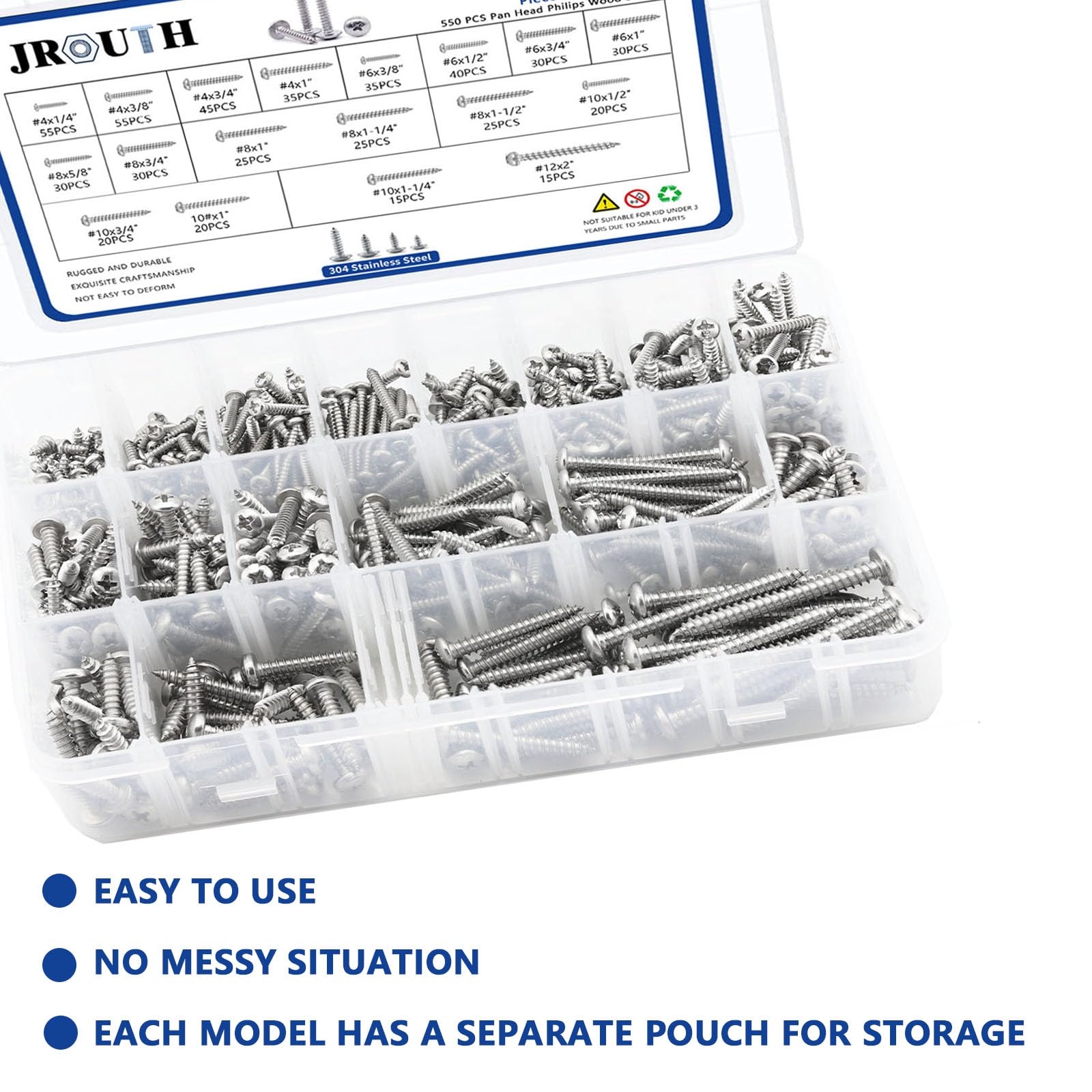 JROUTH 550Pcs Stainless Steel Wood Screws Assortment Kit, Philips Pan Head Sheet Metal Screws Self Tapping Screws, #4,#6,#8,#10,#12, Length 1/4" to 2" - Silver