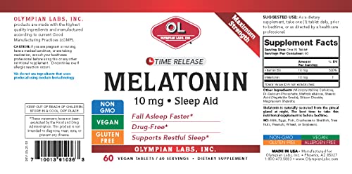 Olympian Labs Melatonin 10mg Time Release with Vitamin B6 - Maximum Strength Tablets - Drug-Free, Supports Restful Sleep, Nighttime Sleep Aid - 60 Vegan Tablets (60 Servings)