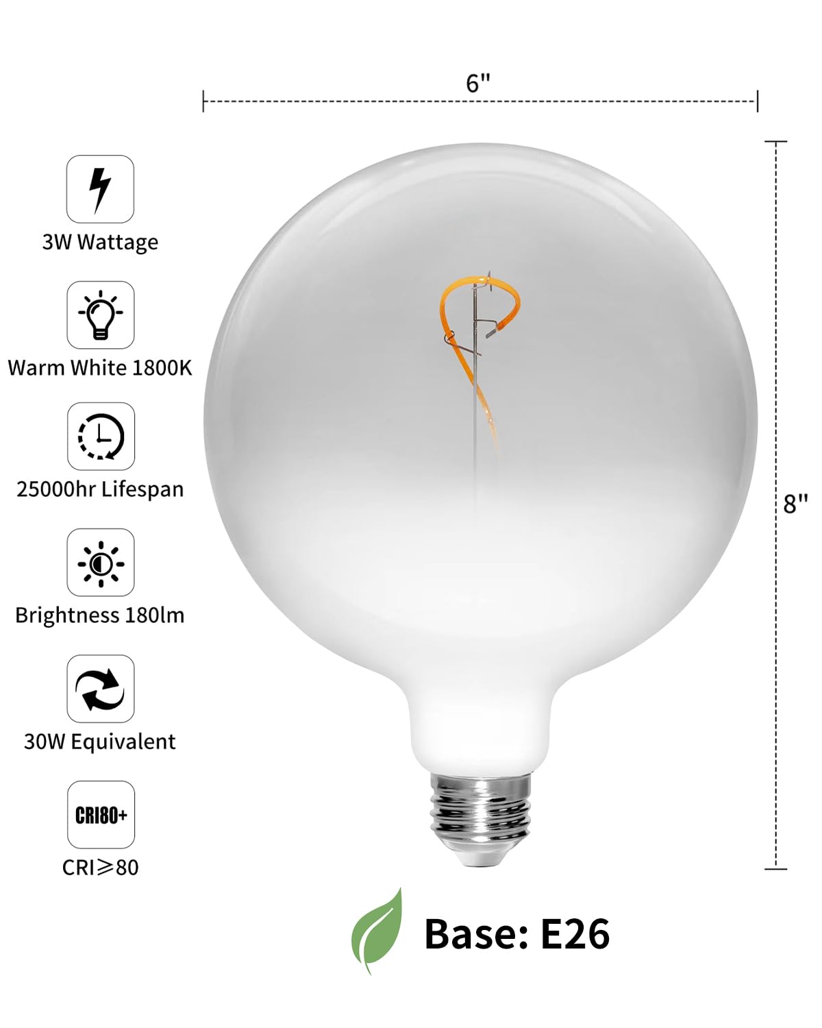 ONEWISH G150 Globe LED Bulb - Gradient Black Clear Glass Decorative Design, E26 LED Filament Bulb, Warm Lighting for Livingroom Kitchen Island, Café, Ceiling Hanging Light Fixture φ150mm(6")