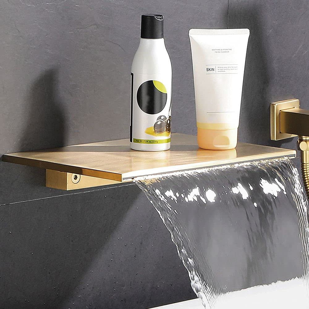 JiaYouJia Waterfall Spout Wall Mounted Tub Faucet with Handheld shower Modern Single Handle Tub Filler Solid Brass in Brushed Gold(Brushed Gold)