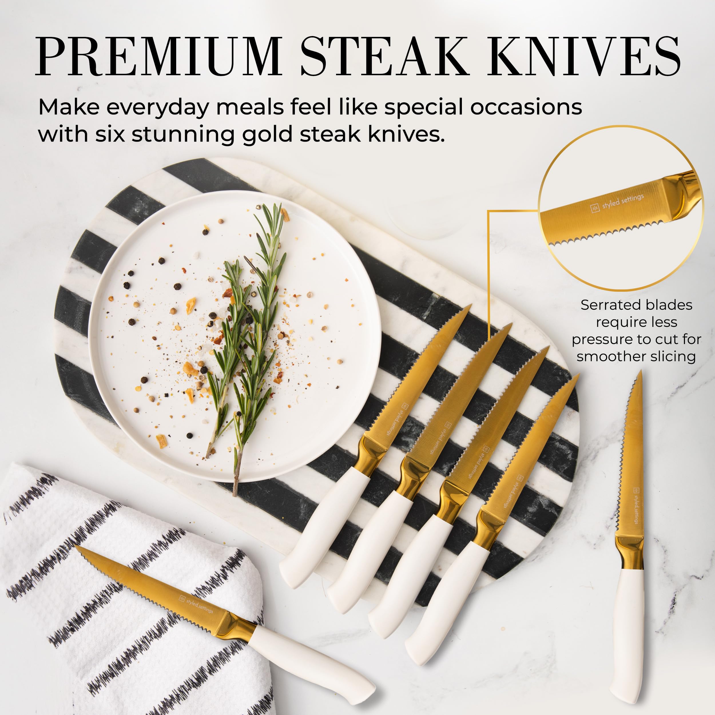 Gold Knife Set with Block Self Sharpening - 14 PC Luxurious Titanium Coated Gold and Off-White Kitchen Knife Set and White Knife Block with Sharpener, White and Gold Kitchen Accessories and Decor