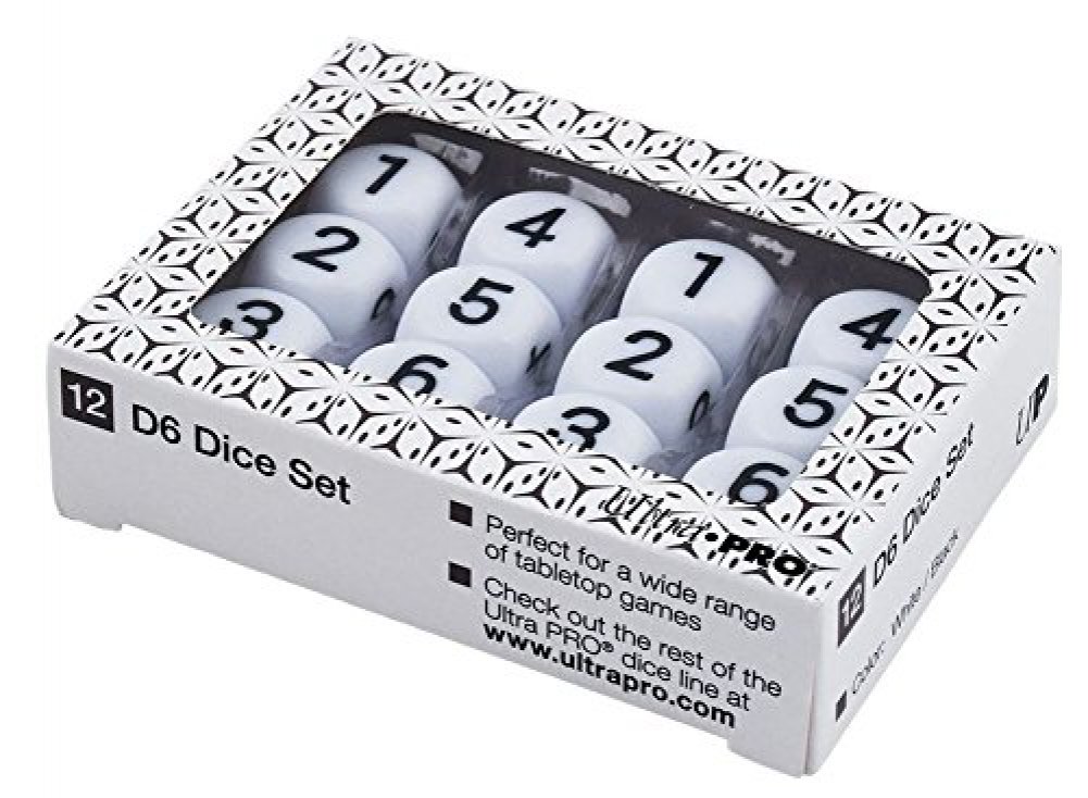 Ultra PRO Set of 12 White Six-Sided Dice w/Black Numbering (12 x D6)